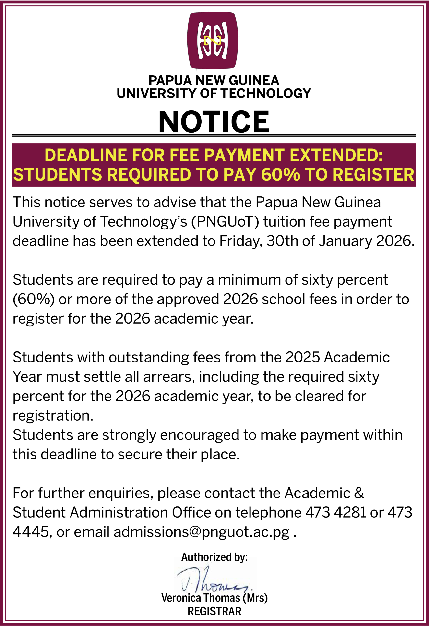 DEADLINE FOR FEE PAYMENT EXTENDED: STUDENTS REQUIRED TO PAY 60% TO ...