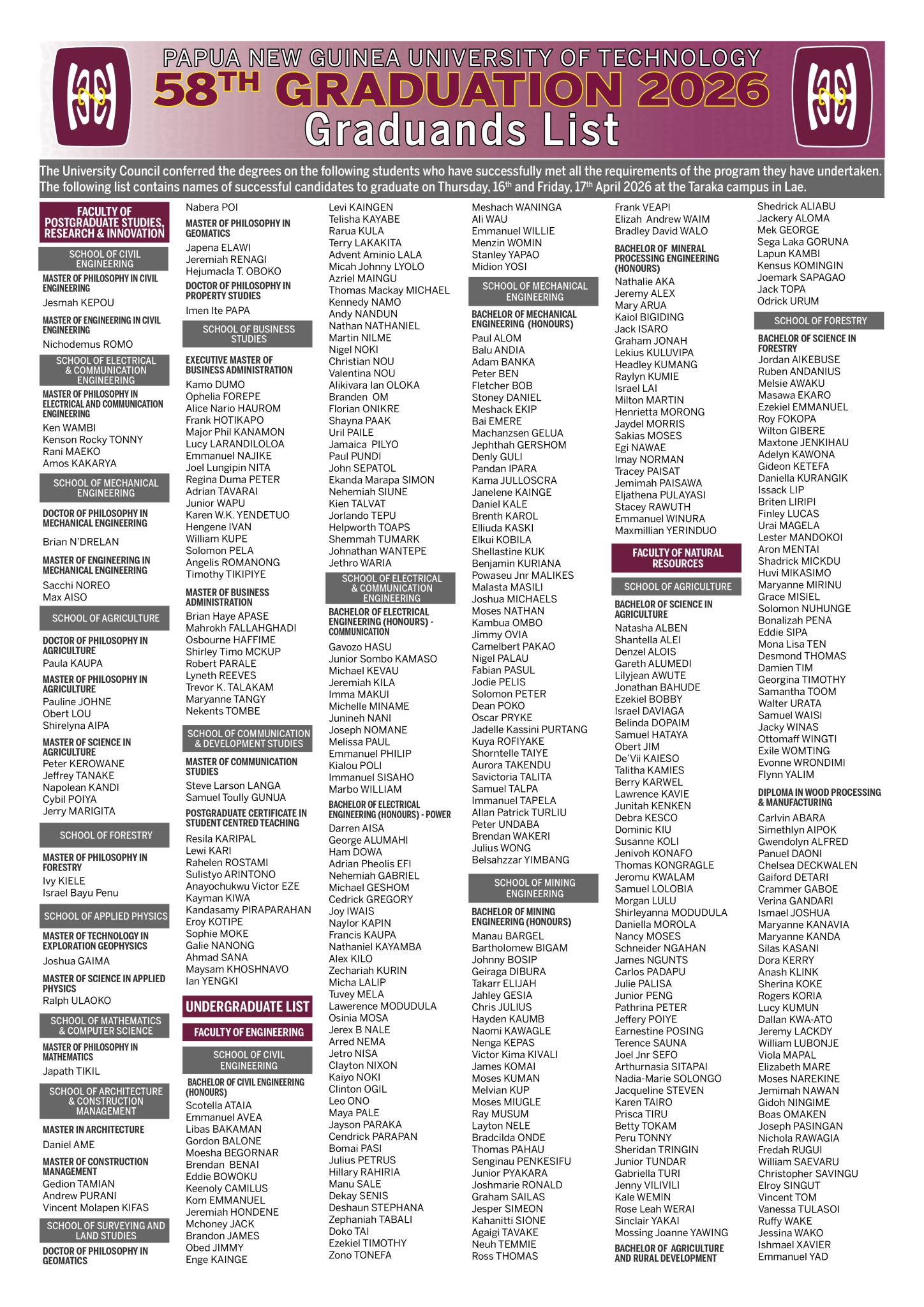 2026 GRADUATION LIST